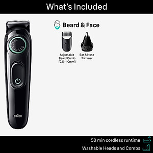Braun All-in-One Style Kit Series 3 3430, 3-in-1 Trimmer for Men with Beard Trimmer, Ear & Nose Trimmer, Hair Clippers, Ultra-Sharp Blade, 20 Length Settings, Washable, Black