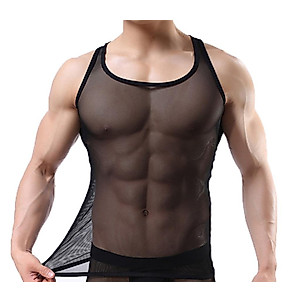 Ouye Men's Mesh See-through Tank Top Vest , Black, US L - (Tag Asian 3XL)