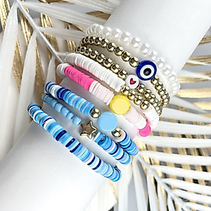 WAINIS 44 Pcs Surfer Heishi Clay Bead Bracelets for Women Bohemian Stackable Beaded Stretch Bracelets Elastic Layering Friendship Bracelets Set Boho Jewelry Cute Bracelets for Concert Beach Vacaiton