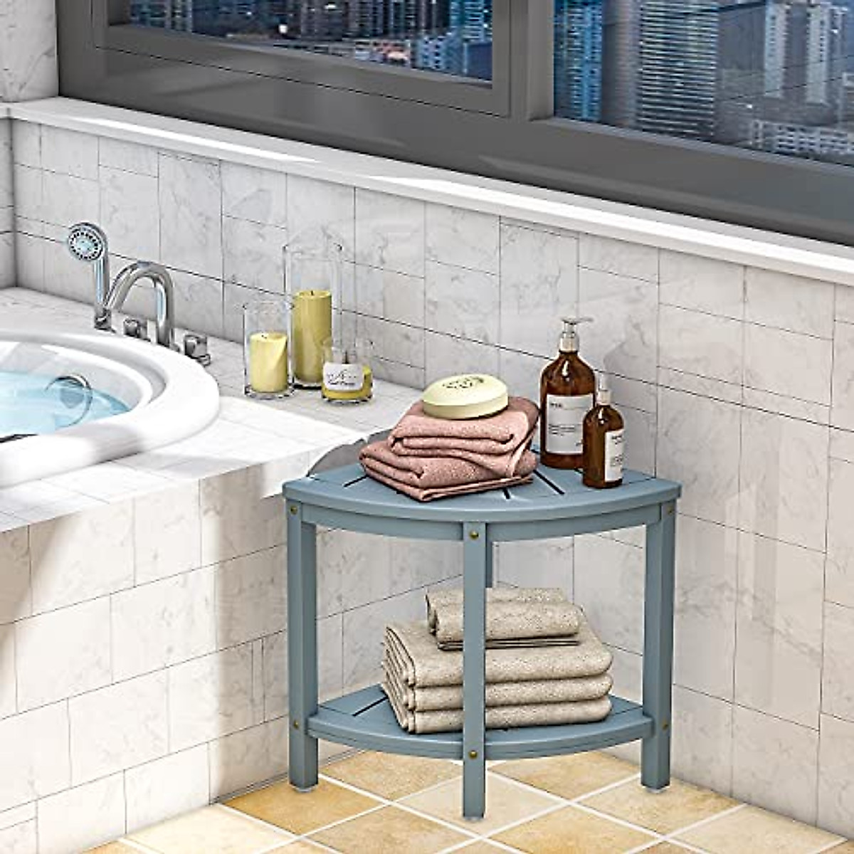 Bamfan Bamboo Corner Shower Bench Waterproof Stool with Space-Efficient Storage Shelf - Shower Stool Seat for Indoor or Outdoor Use(Bluish Grey)