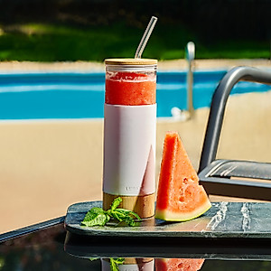 Premium 20oz Glass Tumbler Cup with Straw and Bamboo Lid & Base with Protective Silicone Sleeve - BPA Free - Growler Water Bottle Reusable Drinking Glasses Cup for Iced Tea, Coffee, Smoothie - White