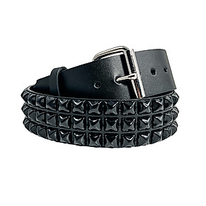 Three Row Black Pyramid Stud Belt Made In USA Genuine Leather Punk Goth Thrash Metal (XXXL-42)