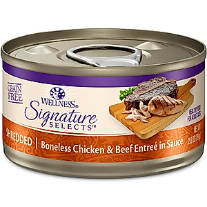 Wellness Canned Grain Free Wet Cat Food - Variety Bundle 4 Flavors Pack with Hotspot Pets Food Bowl (12 Cans) (Chicken & Beef, Chicken & Liver, Chicken & Salmon, Chicken & Turkey)(2.82oz)