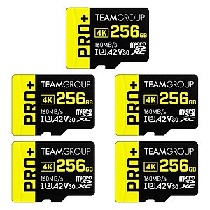TEAMGROUP A2 Pro Plus Card 256GB x 5 Pack Micro SDXC UHS-I U3 A2 V30, R/W up to 160/110 MB/s for Nintendo-Switch, Gaming Devices, Tablets, Smartphones, 4K Shooting, with Adapter TPPMSDX256GIA2V3063