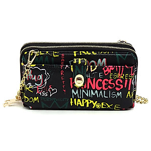 Multicolor Graffiti Printed Cell Phone Purse Wallet Smartphone Crossbody Wallet Travel Multifunction Phone Case Wristlet Clutch Wallet (#A-Black)