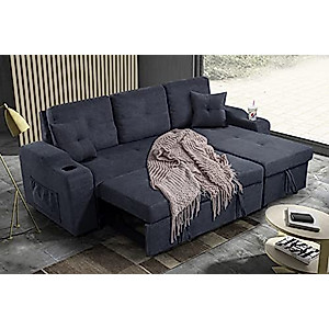MOEO L-Shape Sleeper Sectional Sofa with Pull-Out Bed and Storage Space, Convertible Left/Right Couch w/Chaise Longue, 2 Cup Holders & Side Pockets for Living Room, Home, Apartment, 92", Dark Gray