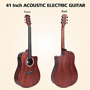 ADM Full Size Acoustic Electric Solid Top Guitar 41 Inch Cutaway Dreadnought Guitar Beginner Adults Kids Guitar with EQ, Built in Tuner, Mahogany