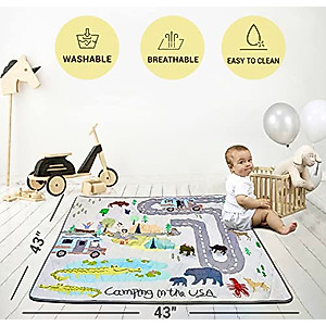 Baby Play Mat, Washable Play Mat for Baby 43"x43", Foldable Kids Tents Mat, Baby Play Gym Mat, Play Tent Mat for Toddler, Baby Tummy Time Mat, Non-Slip (Camping in The USA)
