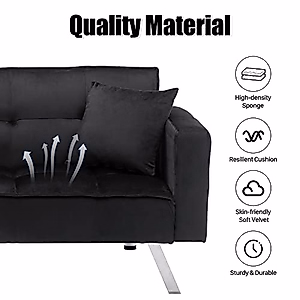 civama Futon Sofa Bed, 74" Modern Velvet Convertible Folding Lounge Couch, Upholstered Twin Size Sleeper Sofa with Arm 2 Pillows Split Back Design and Silver Metal Legs for Compact Space, Black