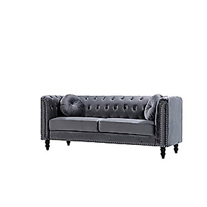 US Pride Furniture Modern Style High Density Foam Cool Grey Velvet Rolled Arm Chesterfield Living Room Removable Cushion & Solid Wood Legs (S5608-5613) Sofas
