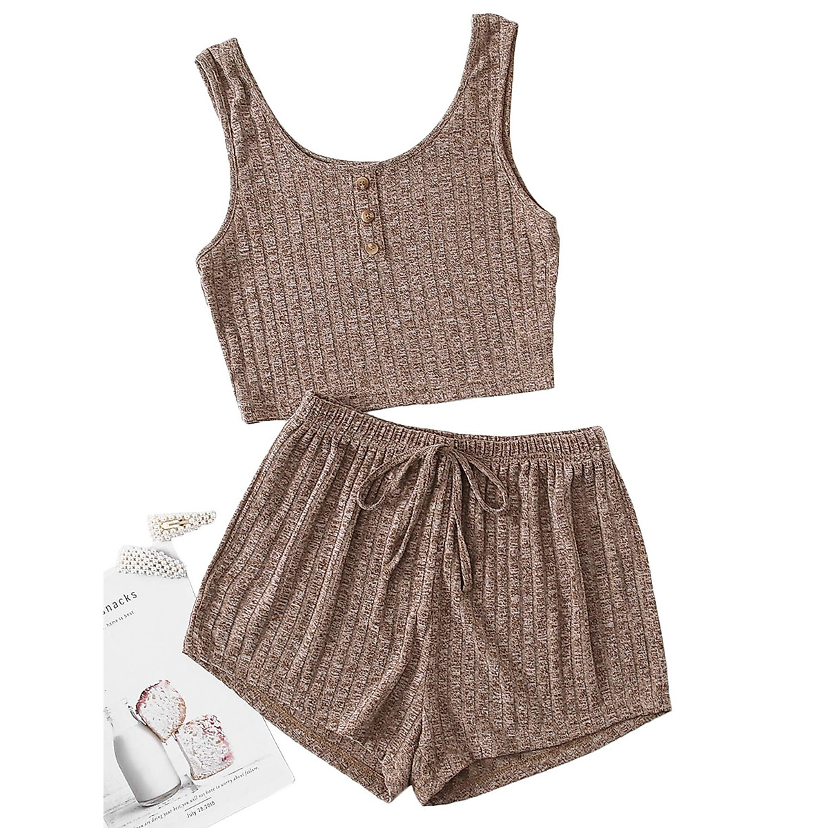 GORGLITTER Women's Sleeveless Button Front Ribbed Crop Tank Top and Elastic Waist Sleepwear Shorts Pajama Set Mocha Brown Large