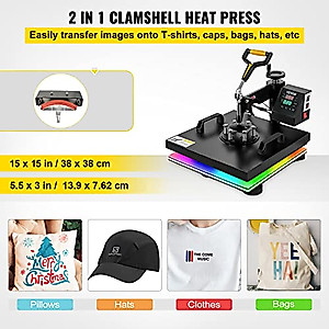 VEVOR Heat Press Machine, 15x15in 2in1, Clamshell Sublimation Transfer Printer with Teflon Coated, Digital Precise Heat Control, Powerpress for T-Shirts Hats Caps