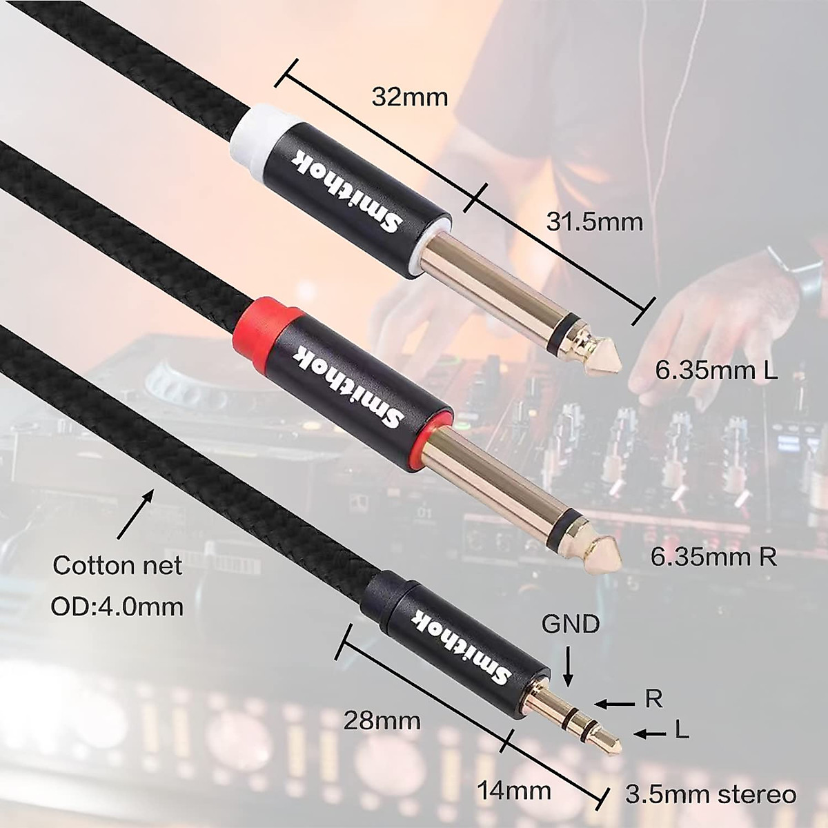 Smithok 2pack 6.6Ft 3.5mm TRS to Dual 6.35mm Stereo Cable 1/8 TRS to Dual 6.35mm 1/4 TS Mono Y Splitter Audio Cord Adapter for Smartphone, Mixer,PC, CD Player, Speakers and Home Stereo System