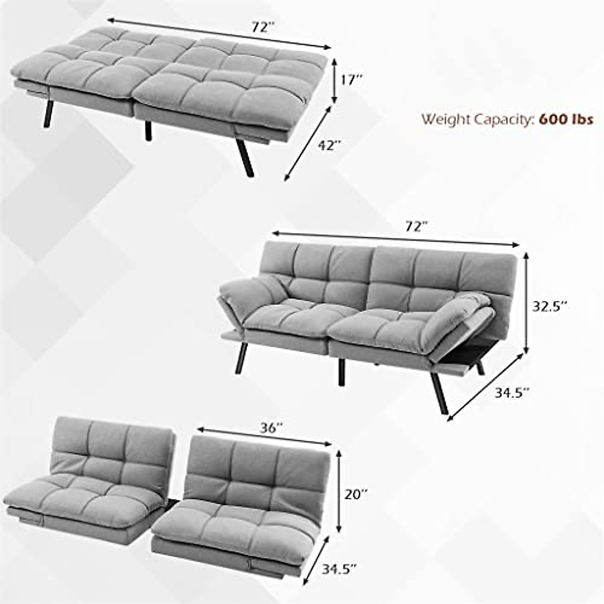 sgzyl Convertible Futon Sofa Bed Memory Foam Couch Sleeper W/Adjustable Armrest Grey