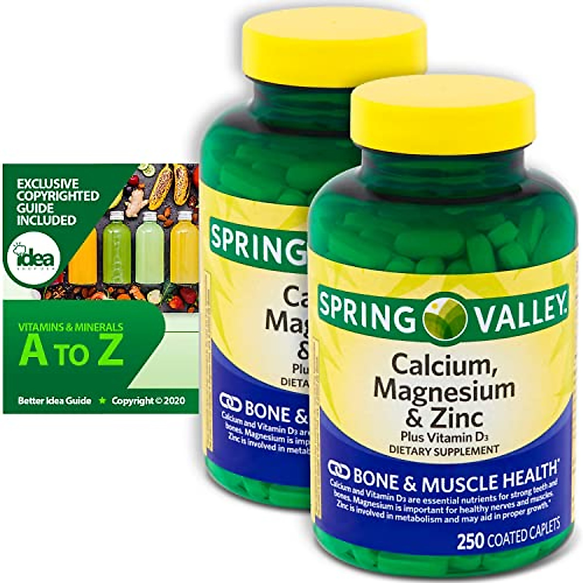 Spring Valley Calcium, Magnesium and Zinc Plus Vitamin D3 Coated Caplets, 250 Ct (2 Pack) Bundle With Exclusive "Vitamins & Minerals A to Z" - Better Idea Guide (3 Items)