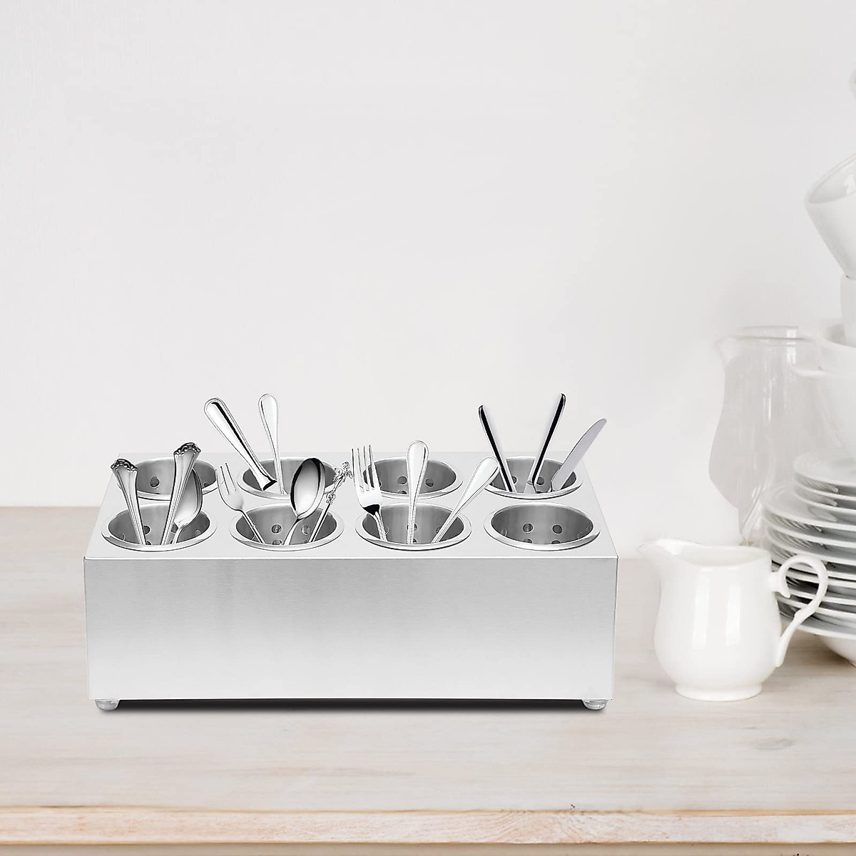 DYRABREST 8 Holes Kitchen Flatware Organizers Commercial Flatware Cylinder Holder Stainless Steel Utensil Storage Caddy Drying Rack Countertop Silverware Organizer for Restaurant Hotel Buffet