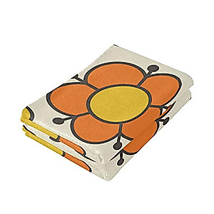 ALAZA Washcloths Set of 2, Retro Orange and Yellow Color 60S Flower Dish Towels and Dish Cloths for Face, Hand, Kitchen & Cleaning, 28 x 14 inch