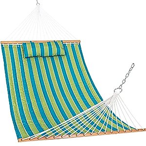 Lazy Daze Hammocks 12FT Quilted Fabric Hammock with Pillow, Double 2 Person Hammock with Spreader Bar for Outdoor Outside Patio Garden Yard Pool Beach QFH009