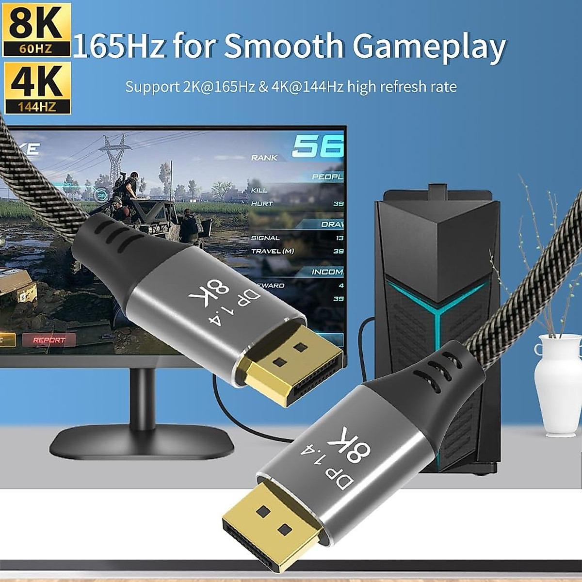 CableDeconn 5M 16FT DisplayPort 1.4 Cable 8K@60Hz 4K@144Hz High Speed 32.4Gbps HDCP 3D Slim and Flexible DP to DP Cable