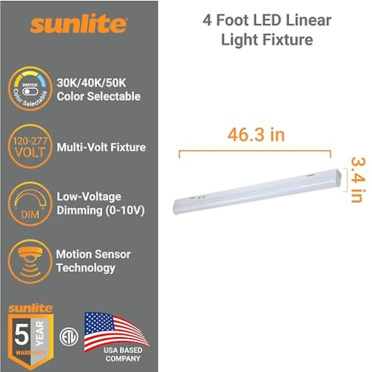 Sunlite 85553 4-Foot LED Linear Strip Light Fixture, 40 Watts, 4600 Lumens, Selectable 3 CCT 3000K-5000K, Dimmable, 50,000 Hour Life Span, 83 CRI, Surface Mount, Steel Body, ETL & DLC Listed