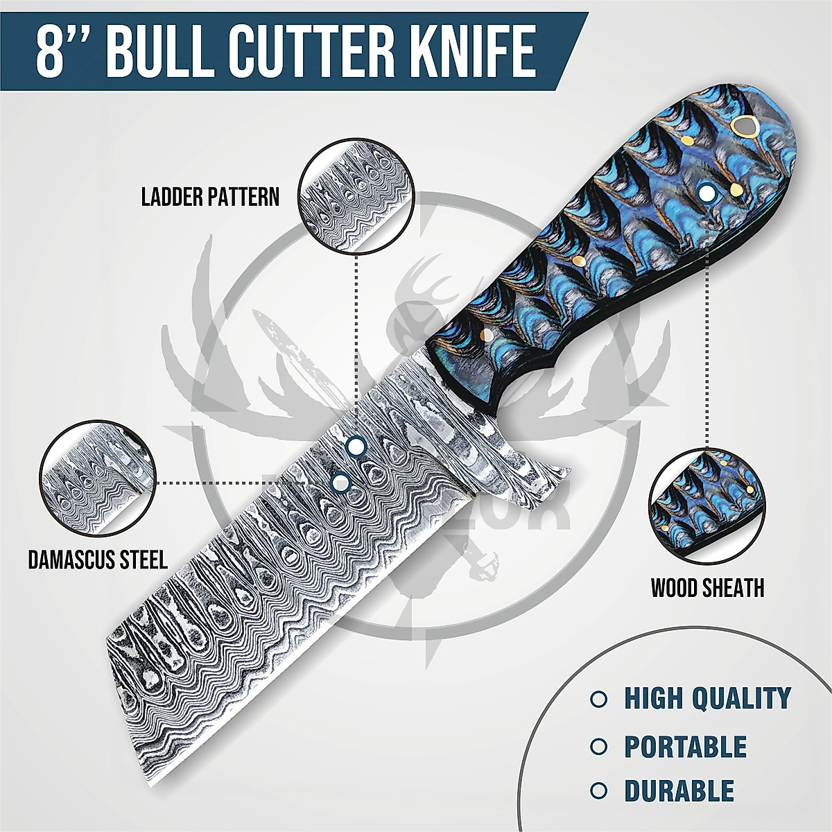 HUNTLUX Damascus Steel Hunting Knife with Sheath for Belt, Handmade 8" Sharp Bull Cutter Knife, EDC Fixed Blade Knife, Full Tang Cowboy Knife with Wooden Handle, Skinning Knife for Outdoor Camping