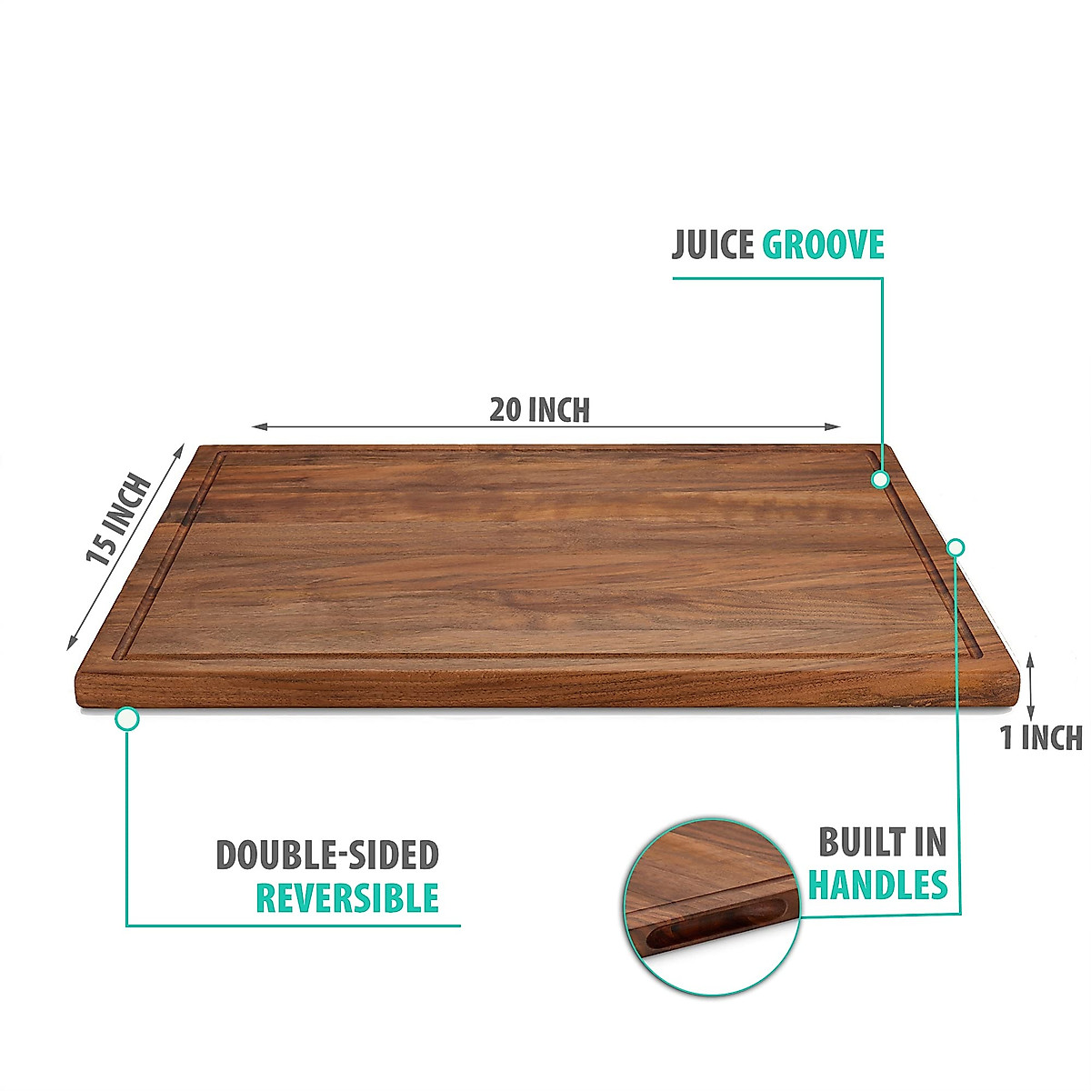 TeakCraft Large Walnut Cutting Board with Juice Grove, Chopping Board for Meat, Knife Friendly, Reversible, The Petra (20x15x1inch)