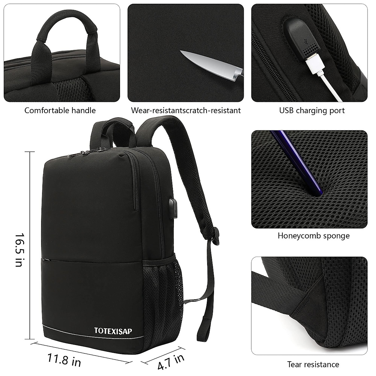 TOTEXISAP Slim Laptop Backpack ，15.6 Inch Laptop Backpack for Women Men ，Waterproof Backpacks with USB Charging Port, Travel Bags Casual Daypacks for School, College, Business（Black）