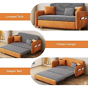 siu want 3 in 1 Sleeper Sofa Couch Bed, Convertible Pull Out Couch with Storage, Orange Folding Loveseat with 3 Pillows, Side Pockets, Velvet Sofa Bed for Living Room - 55.3In