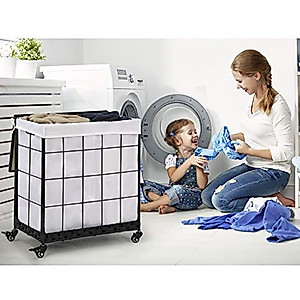 Laundry Hamper with Wood Lid and Divided Liner Bag; Durable Laundry Basket with Heavy Duty Rolling Lockable Wheels; Clothes Hamper with Removable Liner Bag; Laundry Sorter with Metal Handle (White)