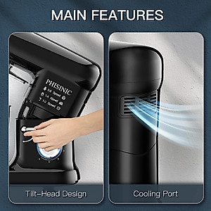 PHISINIC Stand Mixer, 5.8Qt Small Electric Food Mixer, 660W 6-Speed Tilt-Head Household Stand Mixer, Portable Lightweight Kitchen Mixer for Daily Use with Egg Whisk, Dough Hook,and Flat Beater