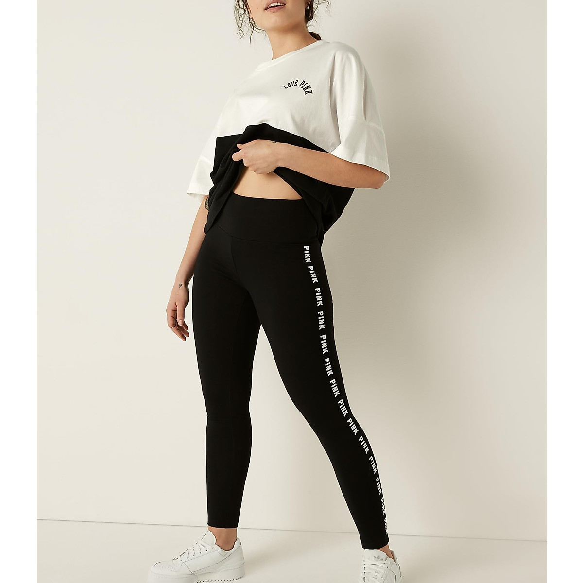 Victoria's Secret Women's Pink Logo Cotton Leggings, Pure Black with White Ticking, XS