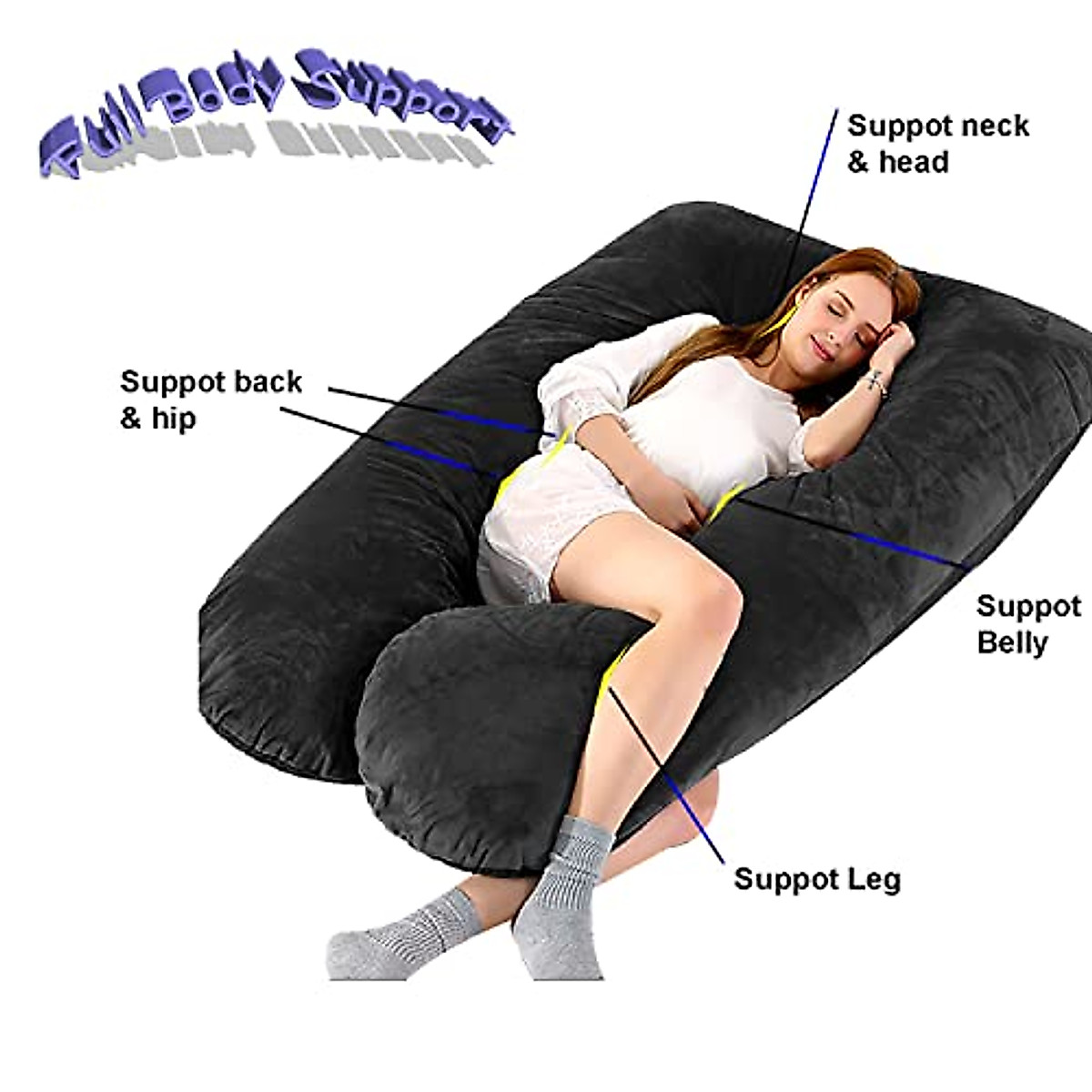 Pregnancy Body Pillows for Sleeping, U Shaped Full Body Pillow for Adults, Maternity Pillows for Women, Support Neck, Back, Belly, Legs, Hip, Removable Velvet Cover Washable, 55 inches Black