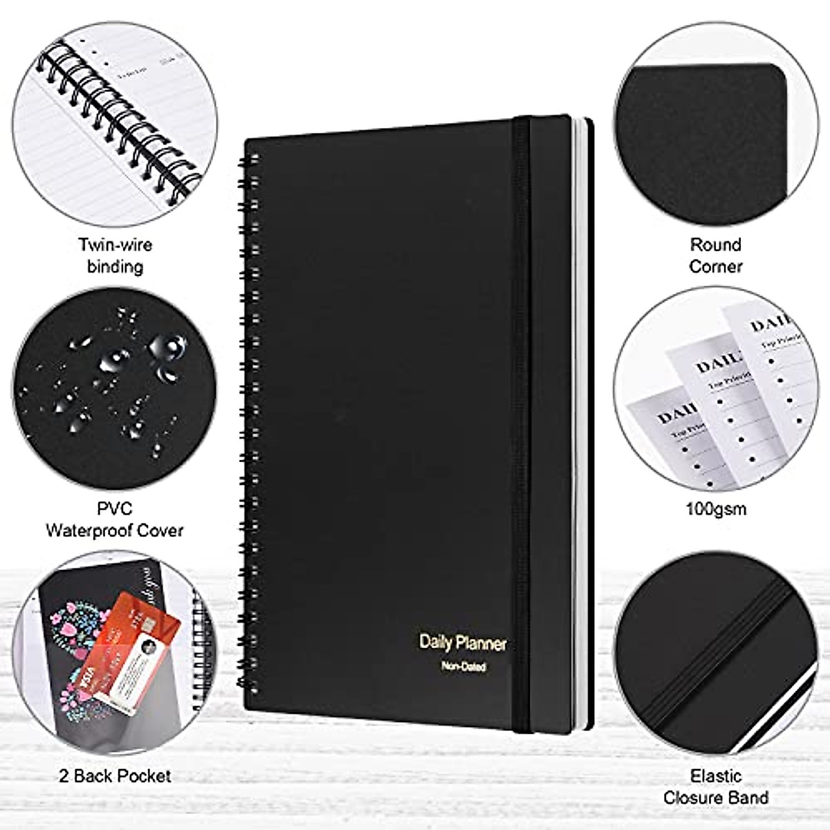 Daily Planner Undated, Asten to Do List Notebook Hourly Schedules Spiral Appointment Planner for Men and Women,PVC Hardcover,Elastic Closure, Inner Pocket 8.3" x 5.8" (Black)