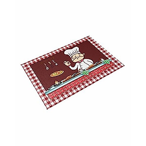 Absorbant Area Rug, Kitchen Decor Cartoon Chef Gourmet Food Dinner Table Wine Red Buffalo Check Outdoor Non-Slip Bottom Carpet Mat for Patio Camping Rv Picnic Backyard Deck Balcony Porch Beach 4x6 ft