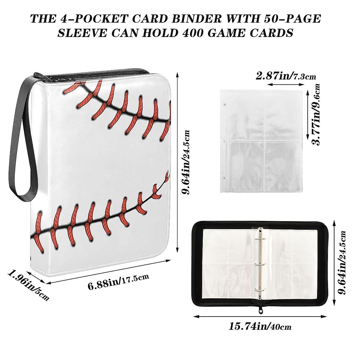 Baseball Softball Laces Card Binder 400 Pockets Trading Card Storage Binder Album with Sleeves Zipper Card Collection Holder Folder for Girls Boys