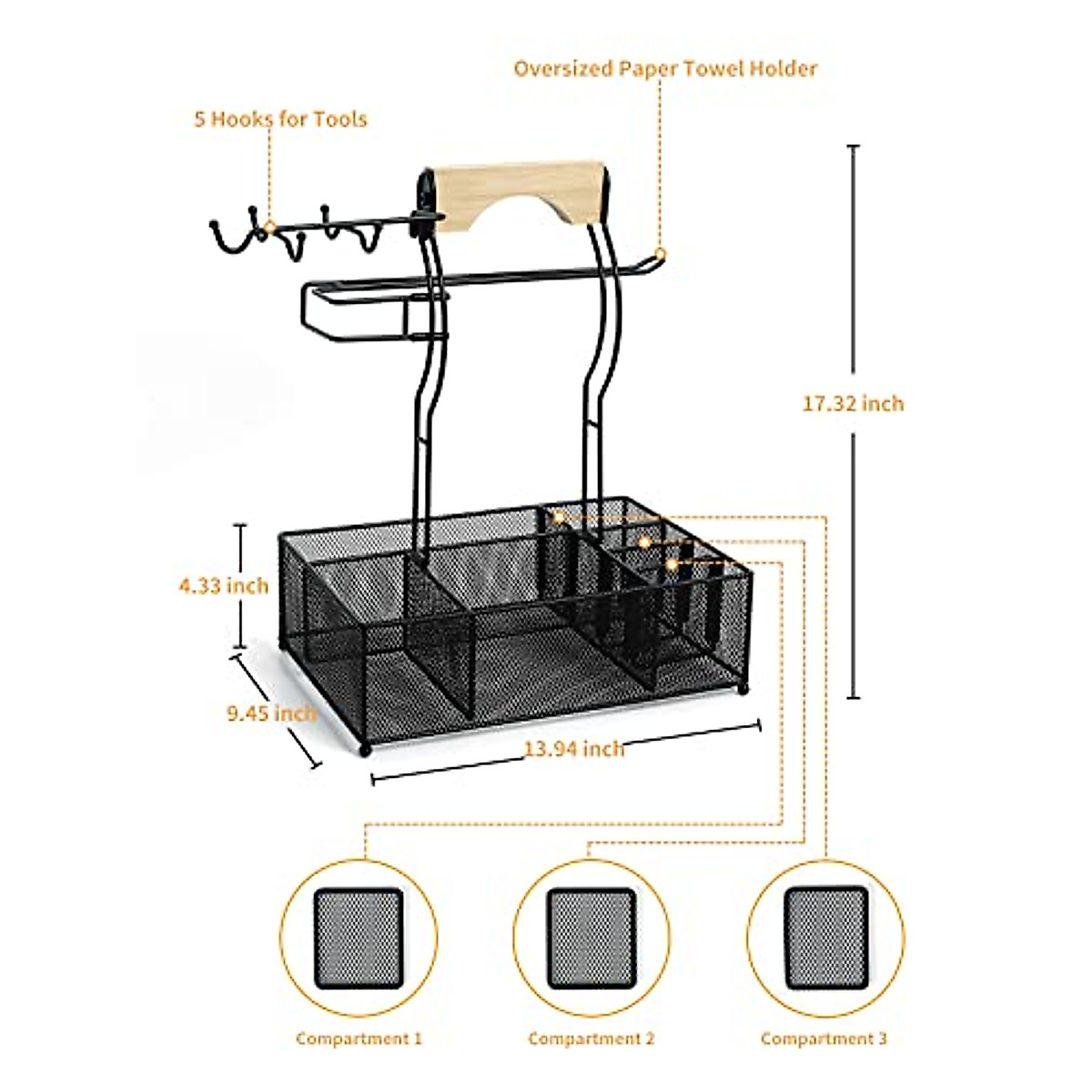 Large Grill Utensil Caddy, HYKTON Picnic Camping BBQ Organizer for Camping Outdoor Mesh Basket with 5 Hanging Hooks and Paper Towel Holder, Ideal Table Storage Tools for RV Camper/Tailgating/Flatware