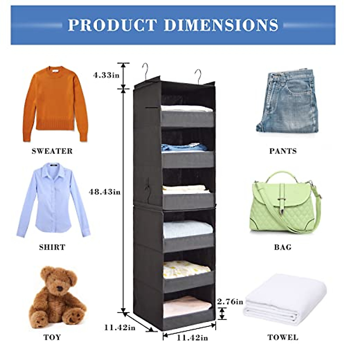 Bosuelife 3 Shelf Hanging Closet Organizers, 2 Pack Collapsible Closet Hanging Shelves, for Bedroom, Living Room, Baby Nursery, Camper Accessories, Non-Woven Fabric, Black