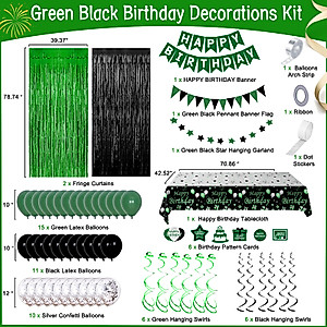 Green and Black Party Decorations for Men Women, Green Birthday Decorations for Boys Girls, 63pcs Happy Bday Party Supplies with Tablecloth Foil Fringe Curtains Balloons Hanging Swirls Decor