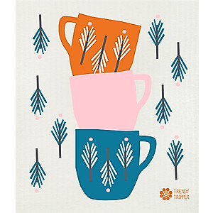 Trendy Tripper Swedish Dishcloths/Sponge Cloths - Anna Kovecses Midcentury Designs - Set of 3 Kettle/Cups/Bowls (Cobalt Blue/Yellow/Orange on Natural)