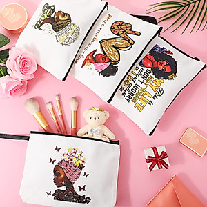 Roowest 4 Pcs African American Makeup Bag Black Women Cosmetics Bag Inspirational Gifts Travel Zippered Toiletry Bag Canvas Makeup Pouch Reusable Multi Purpose Organizer for Women Lady