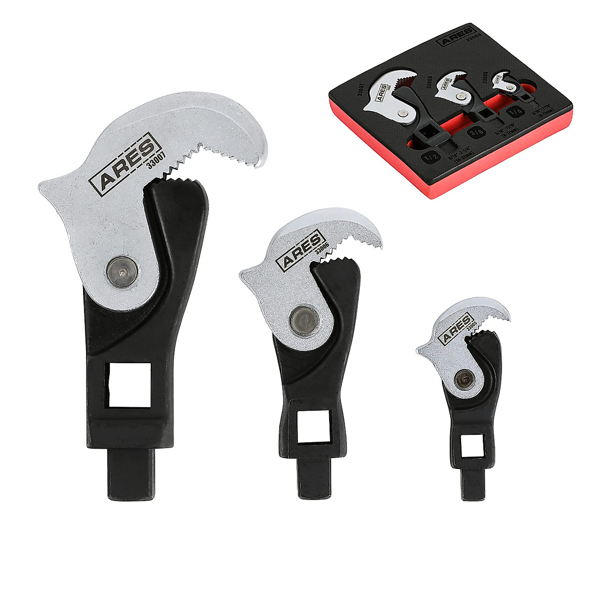 ARES 33009 – 3-Piece Auto Adjusting Crowfoot Wrench Set – Spring Loaded Adjustable Wrench Set with 5 to 32mm (3/16-Inch to 1 1/4-Inch) Coverage – Male & Female Square Drives