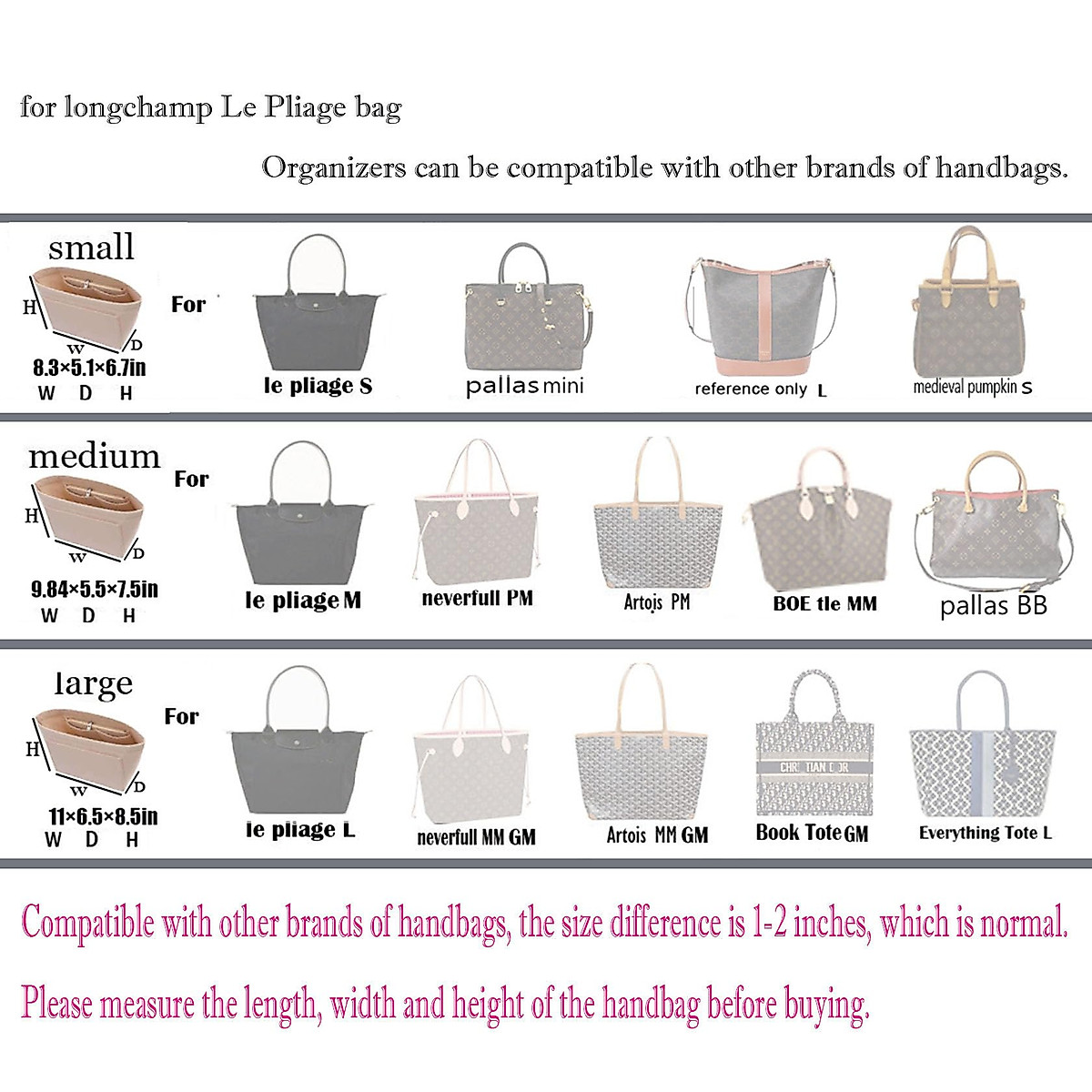 Lckaey Purse Organizer Insert for le pliage large Handbags Insert Organizer1012beige-L
