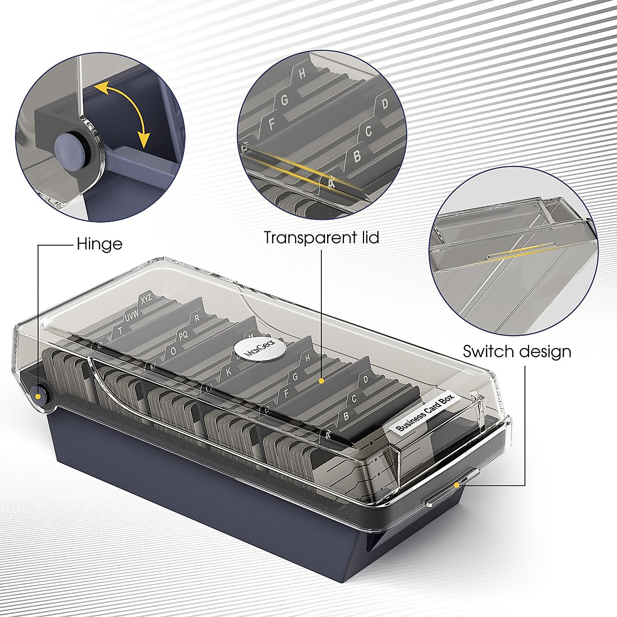 MaxGear Business Card Holder for Desk, Business Card Case Organizer, Credit Card Holder File, Business Card Holders Box Storage, Capacity: 500 Cards (2.2” x 3.5”), 4 Divider Boards & A-Z Tabs, Gray
