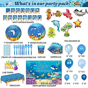 Hombae Under The Sea Party Decorations, Ocean Themed Birthday Tableware Supplies Backdrop Balloon Garland Banner Tablecloth Cake Topper Plate Napkin Cup Straw Knife Spoon Fork Shark Octopus 228 PCs