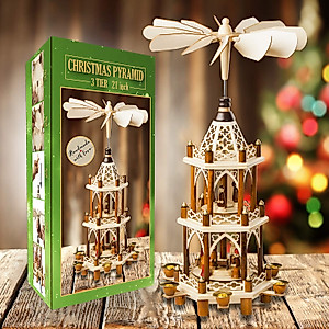 German Christmas Decoration Pyramid - 21 Inches - Wood Nativity Scene Set - Under The Christmas Tree and Table Top Holiday Decor - Nativity Play 3 Tiers Carousel with 6 Candle Holders - German Design