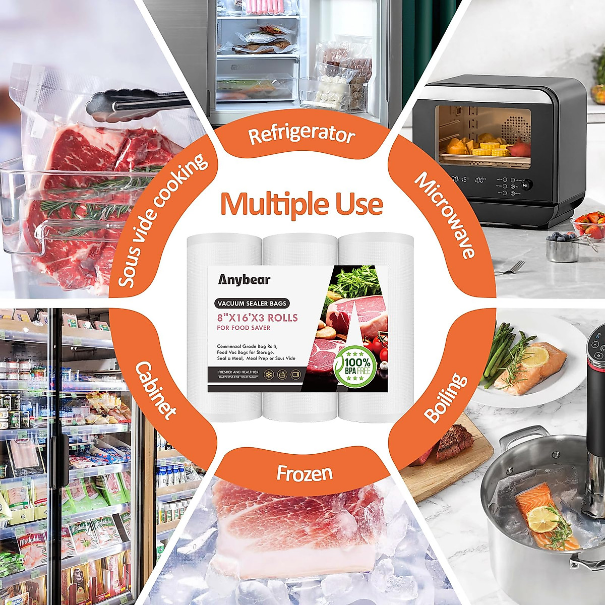 Anybear Vacuum Sealer Bags Rolls, 3 Pack 8''x16' Commercial Food Storage Bags for Custom Fit with BPA Free and Heavy Duty, Use for Storing Raw and Cooked Foods Meal Prep or Sous Vide