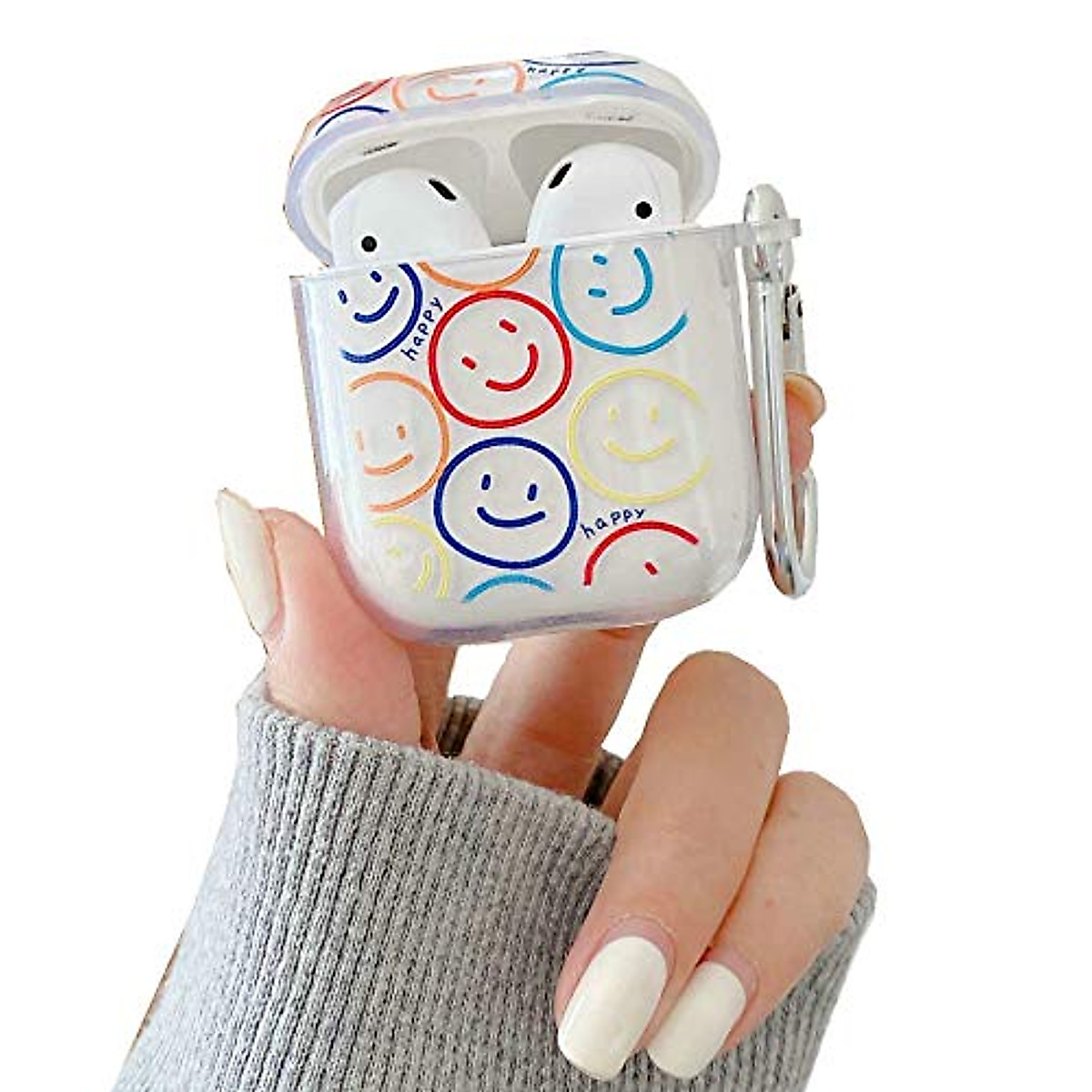 Airpods Case Cover,JANDM Cute Double Side Smiley Face Clear Soft Silicone Smooth Shockproof with Keychain Girls Kids Women airpods smiley face Case for Airpods 2 & 1 Charging Case Cover