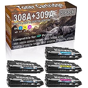 5-Pack (2BK/C/Y/M) Compatible High Capacity 308A 309A (Q2670A Q2671A Q2672A Q2673A) Imaging Toner Cartridge Used for HP 3500 3500N 3500dn 3500dtn 3550 3550N 3700 Printer