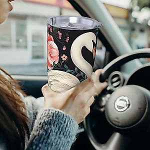 Floral Swan Tumbler with Lid and Straw 20oz Stainless Steel Car Cup for Hot and Cold Drinks, Double Wall Insulated Travel Coffee Mug Reusable Drink Thermos Cup Birthday Gifts