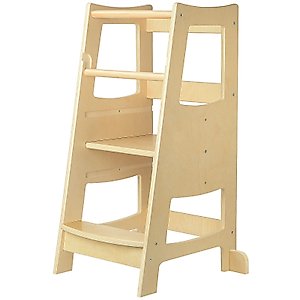 Toddler Step Stools for Kids, Toddler Tower Kids Step Stool with Safety Rail, 3 Heights Adjustable Toddler Kitchen Stool Helper, Kids Toddler Stool for Kitchen Counter Bathroom, Wooden